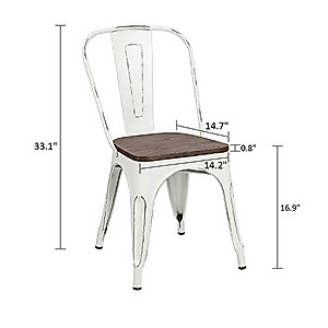 Furniwell Metal Dining Chairs with Wood Seat, Indoor Outdoor Use Stackable Tolix Industrial Metal Chairs Set of 4 for Kitchen, Dining Room, Bistro and Cafe (White)
