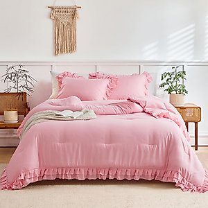Pink Ruffled Comforter Set Twin Size, 3 Pieces (1 Ruffled Comforter and 2 Pillowcases) Farmhouse Shabby Chic Style with 2 Layers Ruffle, Solid Color Lightweight Soft Fluffy Bedding Sets for Girls