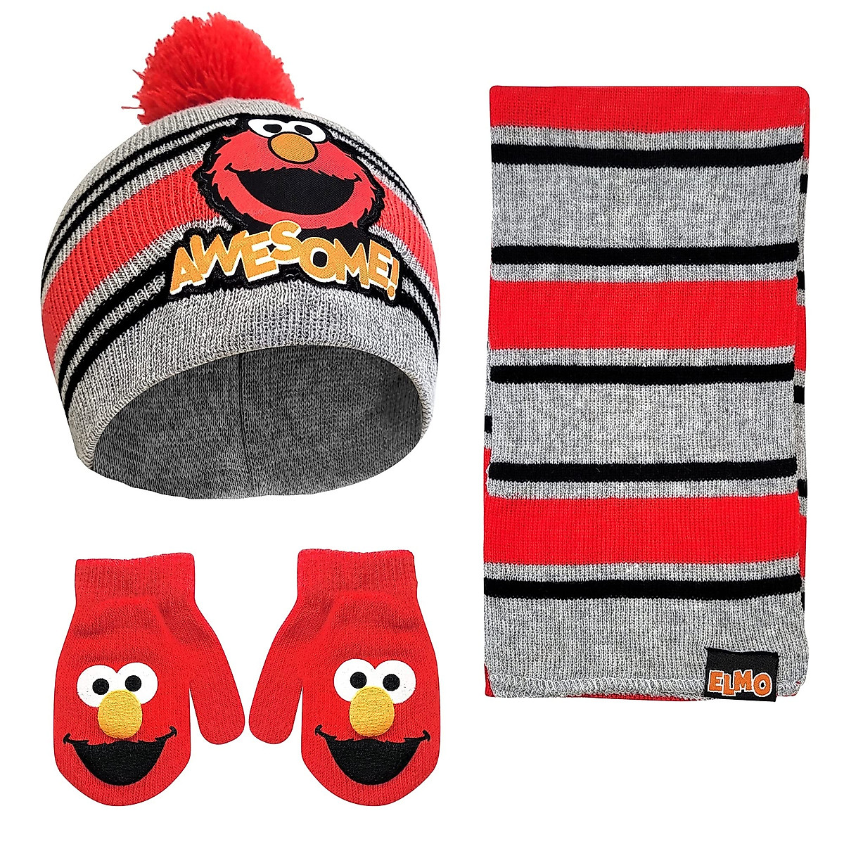 Sesame Street Boys Toddler Winter Hat, Scarf & Mittens Set, Elmo Beanie For Ages 2-4