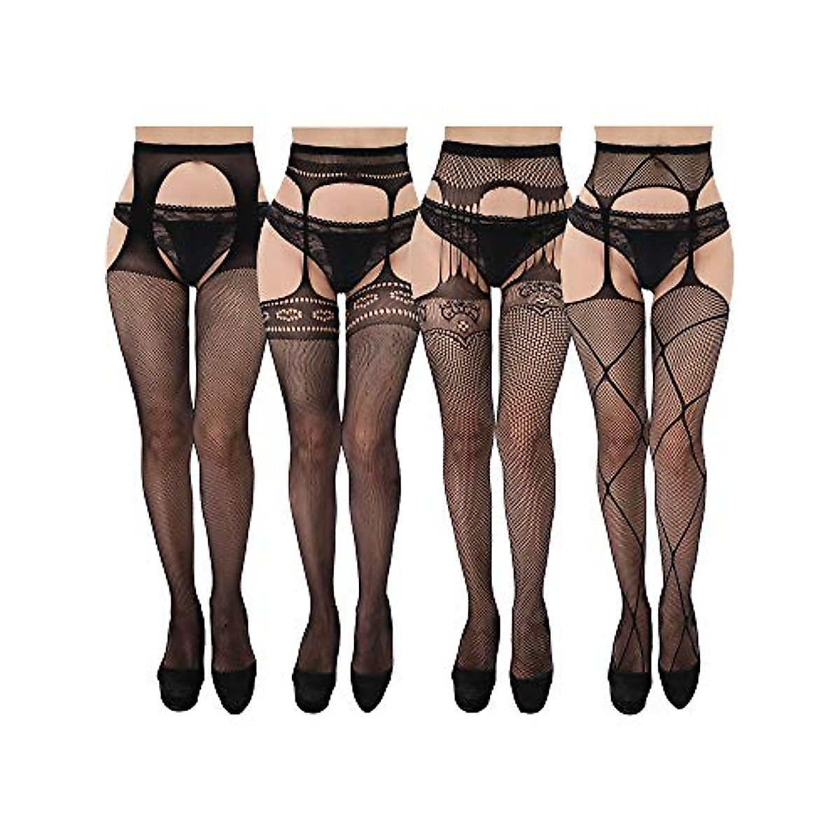 Boao 4 Pairs Woman's Lace Suspender Stockings Thigh-High Pantyhose Stockings Fishnet Tights for Halloween Party (Medium/Large)