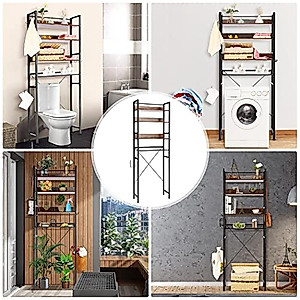 SEJOV 69" H Over-The-Toilet Storage, 4 Tiers Over The Toilet Bathroom Organizer, Wooden Freestanding Bathroom Shelf Over Toilet with Hooks and Special Metal Mesh Layer, Adjustable Feet, Rustic Brown