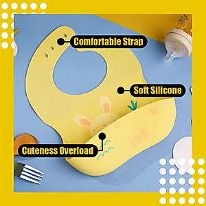 myHomeBody Waterproof Baby Bibs, Baby Bib Catcher, Baby Bib with Food Catcher, Baby Bibs Reusable, Cute Baby Bibs Silicone, Yellow Rabbit, 1pc