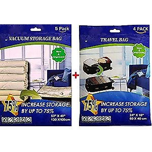 YAWPED 9 Pack Combo Premium Super Jumbo Vacuum Storage Space Saver Bags X5 (130X100cm) with Travel Bag X4 (60X40cm)