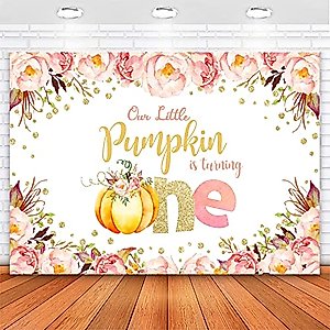 Avezano Pumpkin 1st Birthday Backdrop Floral Litttle Pumpkin First Birthday Background Fall Autumn Girl Pink and Gold Dots Pumpkin Birthday Background (8x6)