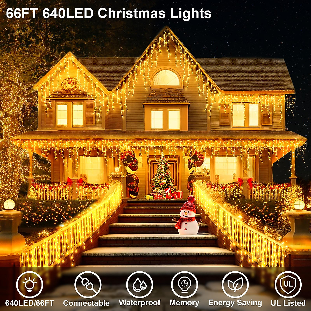 66ft Christmas Lights Outdoor Decorations 640 LED Long Xmas Curtain Fairy String Lights Plug in with Clear Wire 8 Modes Waterproof Memory Timer for Outside Holiday Wedding Party Decor-Warm White