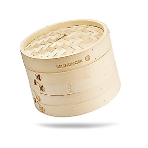 Reishunger Bamboo Steamer Handmade Basket, Traditional 2-Tier Design - 8 Inch - for Dumplings, Rice, Dim Sum, Vegetables, Fish and Meat - Incl. 2 Cotton Cloths