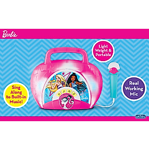 eKids Barbie Sing Along Boom Box Speaker with Microphone for Fans of Barbie Toys, Kids Karaoke Machine with Built in Music and Flashing Lights