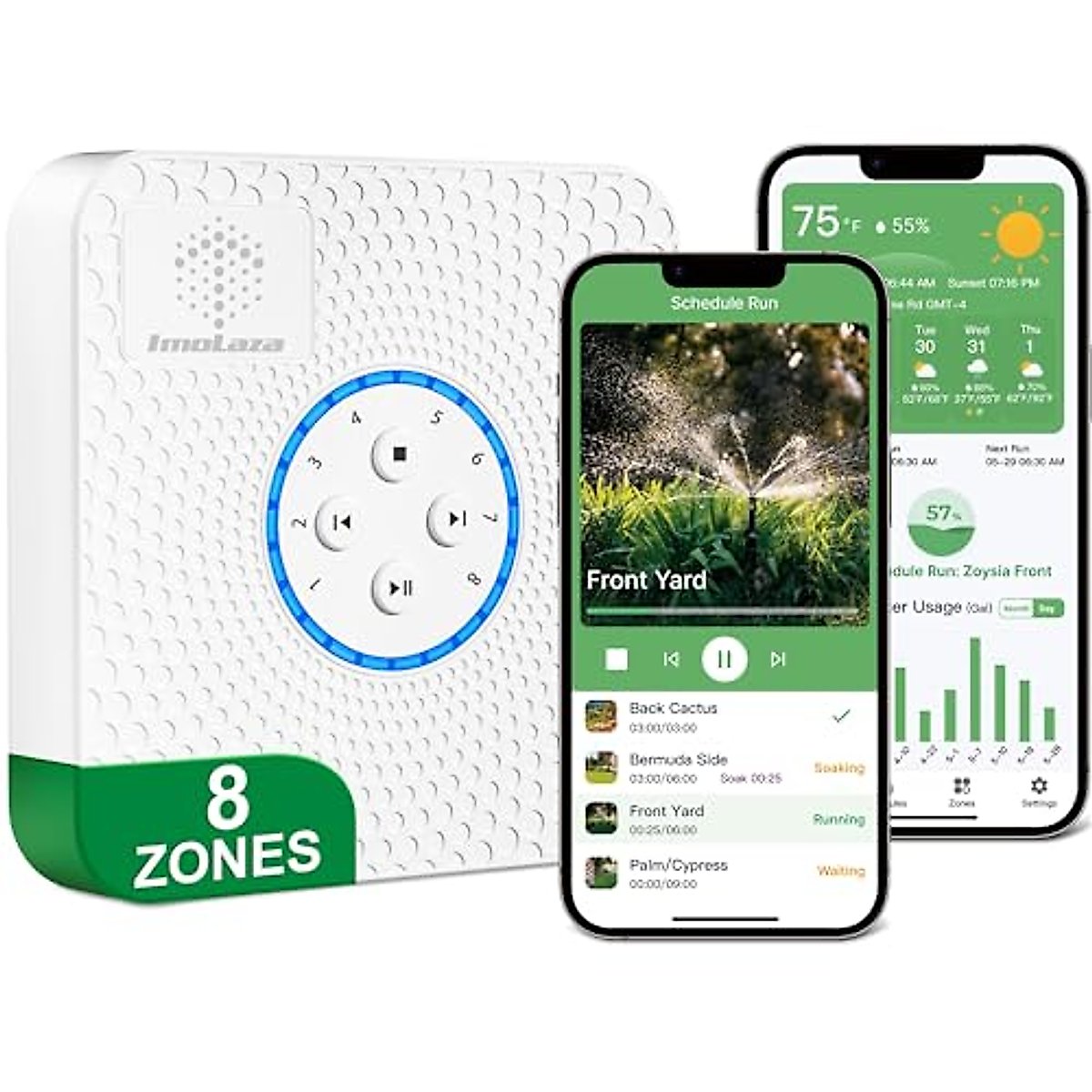 ImoLaza Smart Sprinkler Controller Evapotranspiration Master: 8 Zones WiFi Irrigation Controller with Automated Watering and App Control, Save Water Through Rain, Freeze, Wind and Saturation Skip