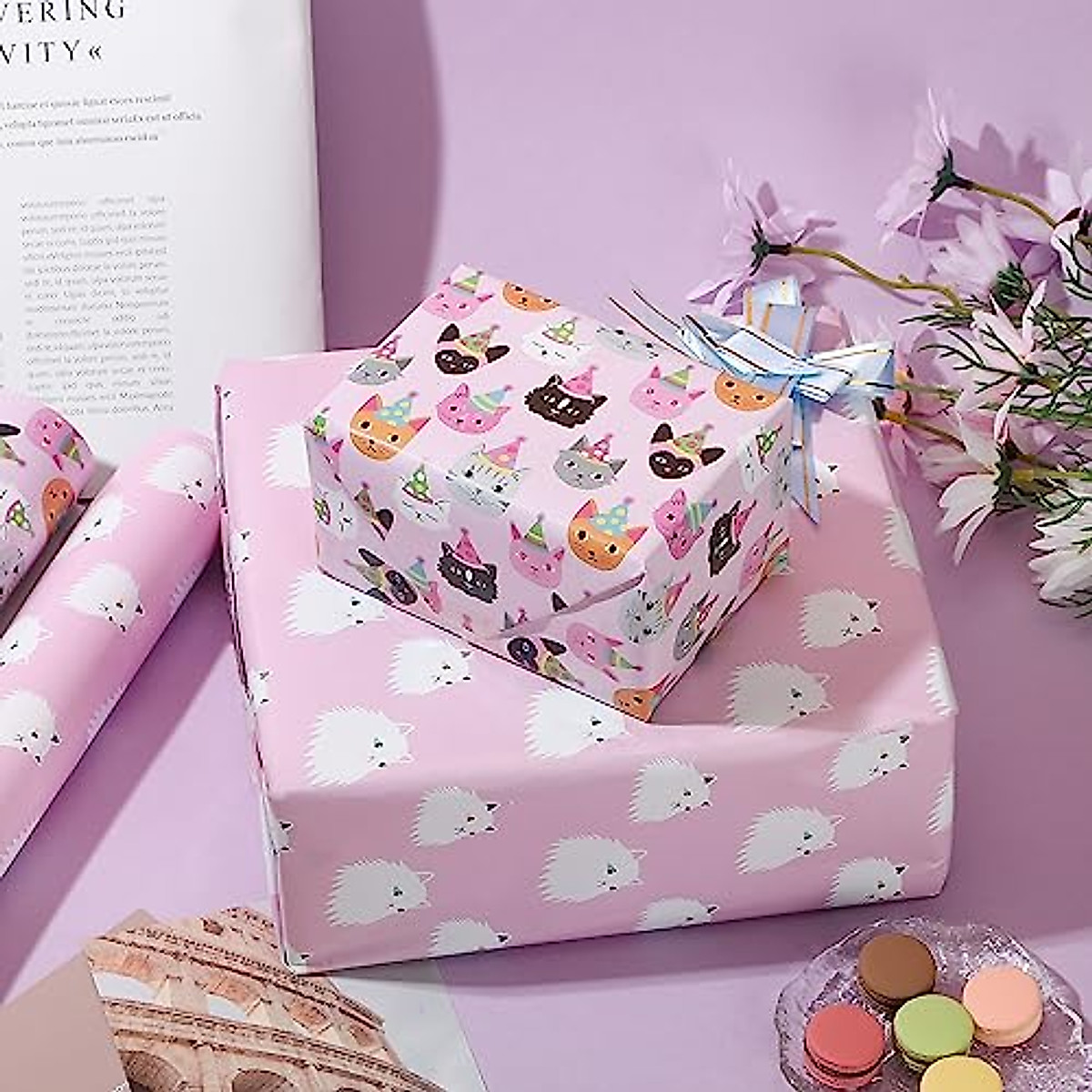 Dtiafu Cat Wrapping Paper for Girls Kids Women - 12 Sheets Pink White Gift Wrap with Cat Fish Patterns for Birthday Baby Shower Cat Party - 20 x 28inch Per Sheet