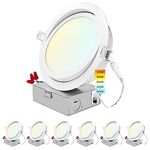 LUXRITE 6 Inch Gimbal LED Recessed Lighting, 5 Color Selectable 2700K-5000K, 1400 Lumens, Adjustable Swivel Downlight, Dimmable, 15W, Wet Rated, IC Rated, High Output, ETL Listed (6 Pack)