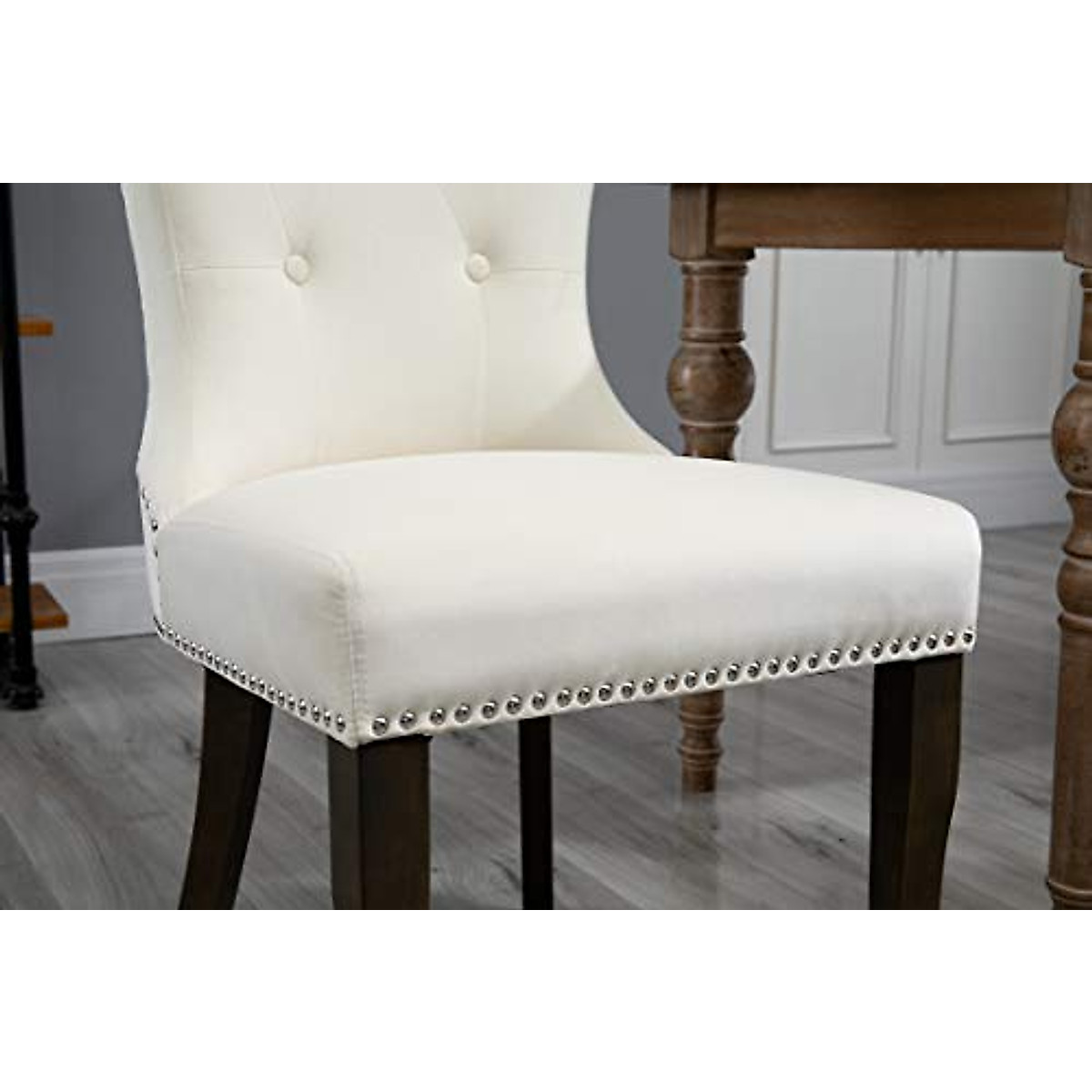 LZ LEISURE ZONE Dining Chairs Set of 6, Cream Upholstered Accent Chair Button Tufted Armless Chair with Nailhead Trim and Back Ring Pull
