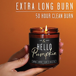 Pumpkin Spice Candle, Fall Candles - 'Hello Pumpkin' Pumpkin Candle, Autumn Scented Soy Candles for Home, Fall Scented Candles for Home, Fall Home Décor, 9oz Reusable Jar, 50Hr Burn, Made in USA