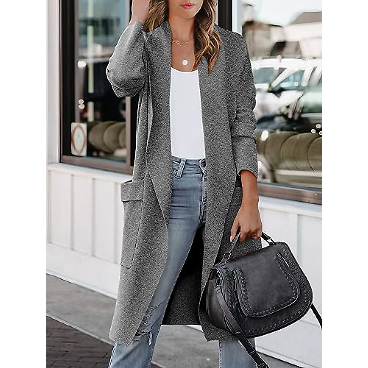 ANRABESS Women's 2023 Fall Casual Long Sleeve Draped Open Front Knit Pockets Long Cardigan Jackets Sweater Comfy Trendy Outfits Coat 580shenhuahui-S Gray