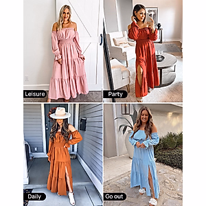 ZESICA Women's 2025 Boho Sexy Off Shoulder Long Sleeve Smocked High Waist Side Split Flowy A Line Tiered Long Maxi Dress,LightBlue,Medium