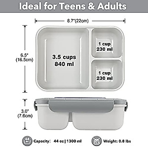 Caperci Premium Bento Box Adult Lunch Box for Older Kids - Leakproof 44 oz 3-Compartment Lunch Containers for Adults and Teens, Ergonomic Design, Built-in Utensil Set & BPA Free (Grey)