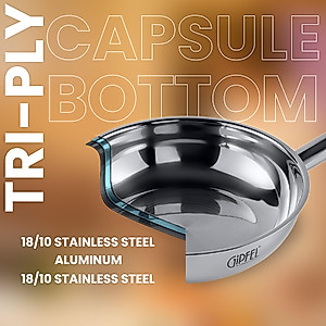 GIPFEL INTERNATIONAL 3 Piece Stainless Steel Frying Pan Set 8, 10, 12 Inch - Tri Ply Stainless Steel Skillet Healthy Cookware - Fry Pans for Induction Gas Electric Ceramic Stove & Oven Safe