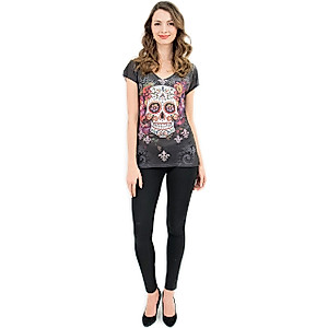 Sweet Gisele Sugar Skull V-Neck T Shirt Day of The Dead Rhinestones Bling for Women Black,Large,Black