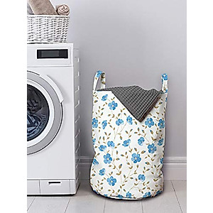 Ambesonne Flower Laundry Bag, Field Flowers Ornate Sunshines Blooms Vacation Swirl Design, Hamper Basket with Handles Drawstring Closure for Laundromats, 13" x 19", Blue Reseda Green