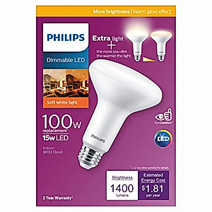Philips LED Flicker-Free High Lumen BR30, Dimmable Warm Glow Effect, 1400 Lumen, 2700-2200K, 15W=100W, EyeComfort Technology, E26 Base, Title 20 Certified, 4-Pack
