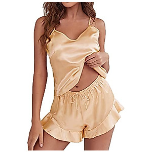 Swibow Women's Silk Satin Ruffled Pajamas Sets 2 Piece Pjs Sets Sleepwear (Champagne, X-Large)