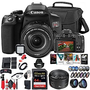 Canon EOS Rebel T8i DSLR Camera with 18-55mm Lens (3924C002) + Canon EF 50mm Lens + 64GB Memory Card + Color Filter Kit + Case + Filter Kit + Corel Photo Software + 2 x LPE17 Battery + More (Renewed)