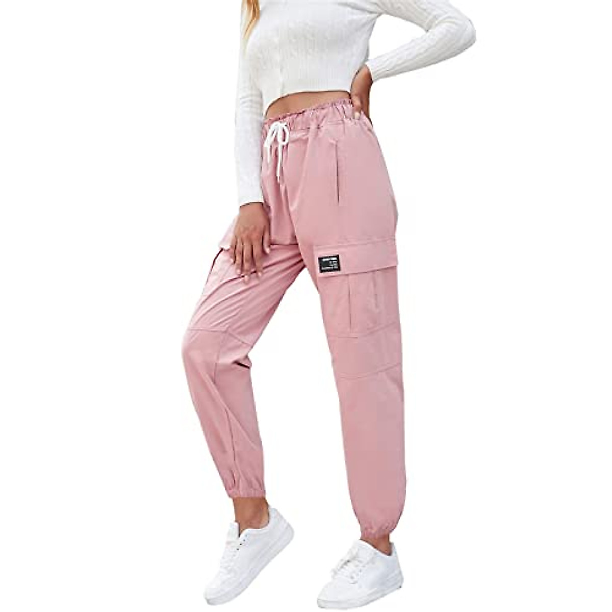 SANGTREE Girls Cargo Pants, Elastic Waist Drawstring Loose Tapered Multi Pockets Cargo Jogger Pants for Girl, Pink,7-8 Years Big Kid = Tag 140