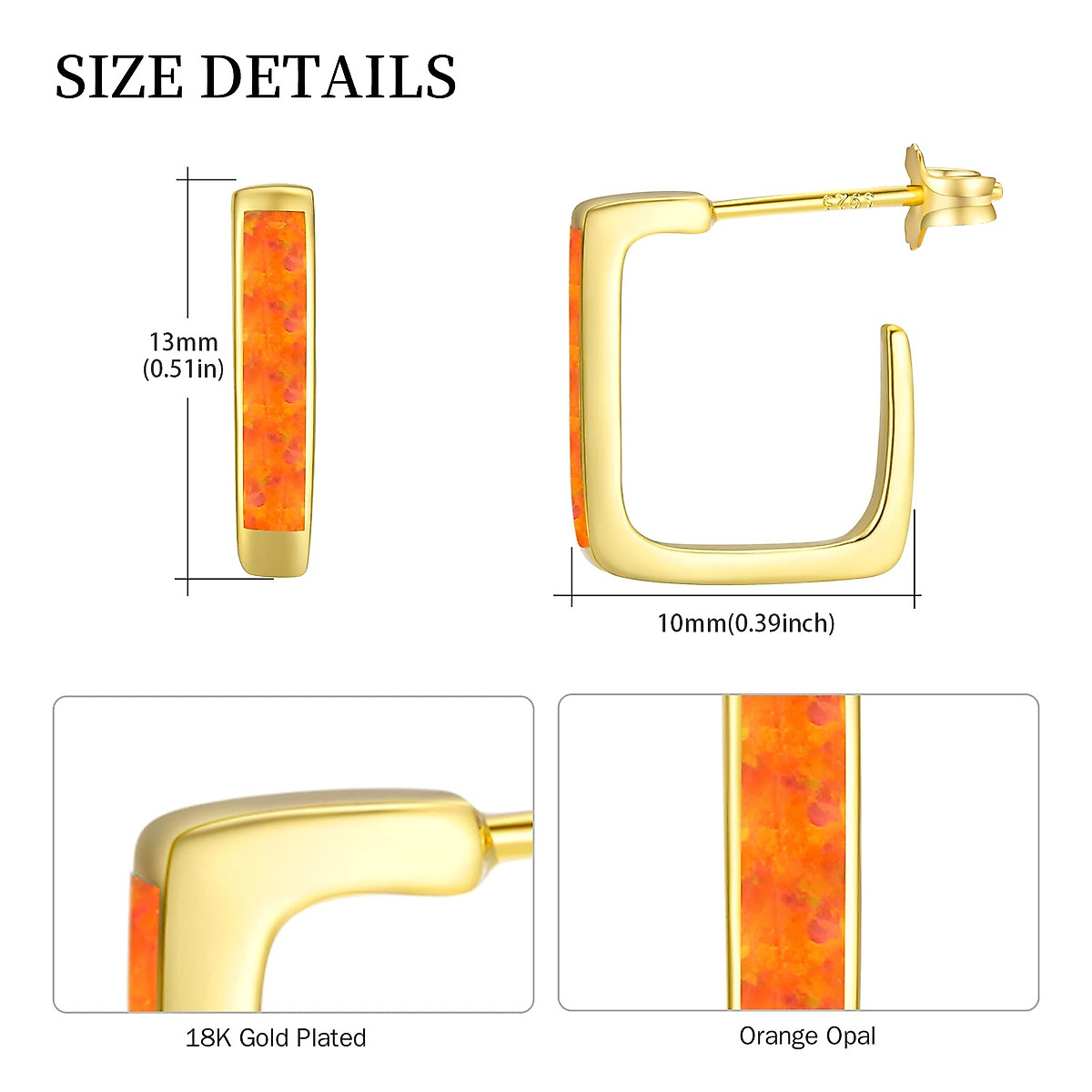 Orange Earrings for Women Teen Square Hoop Earrings Yellow Gold Plated Orange Opal Hoops Simple Minimalist Geometric Post Earrings Hypoallergenic Jewelry Rectangle Earrings