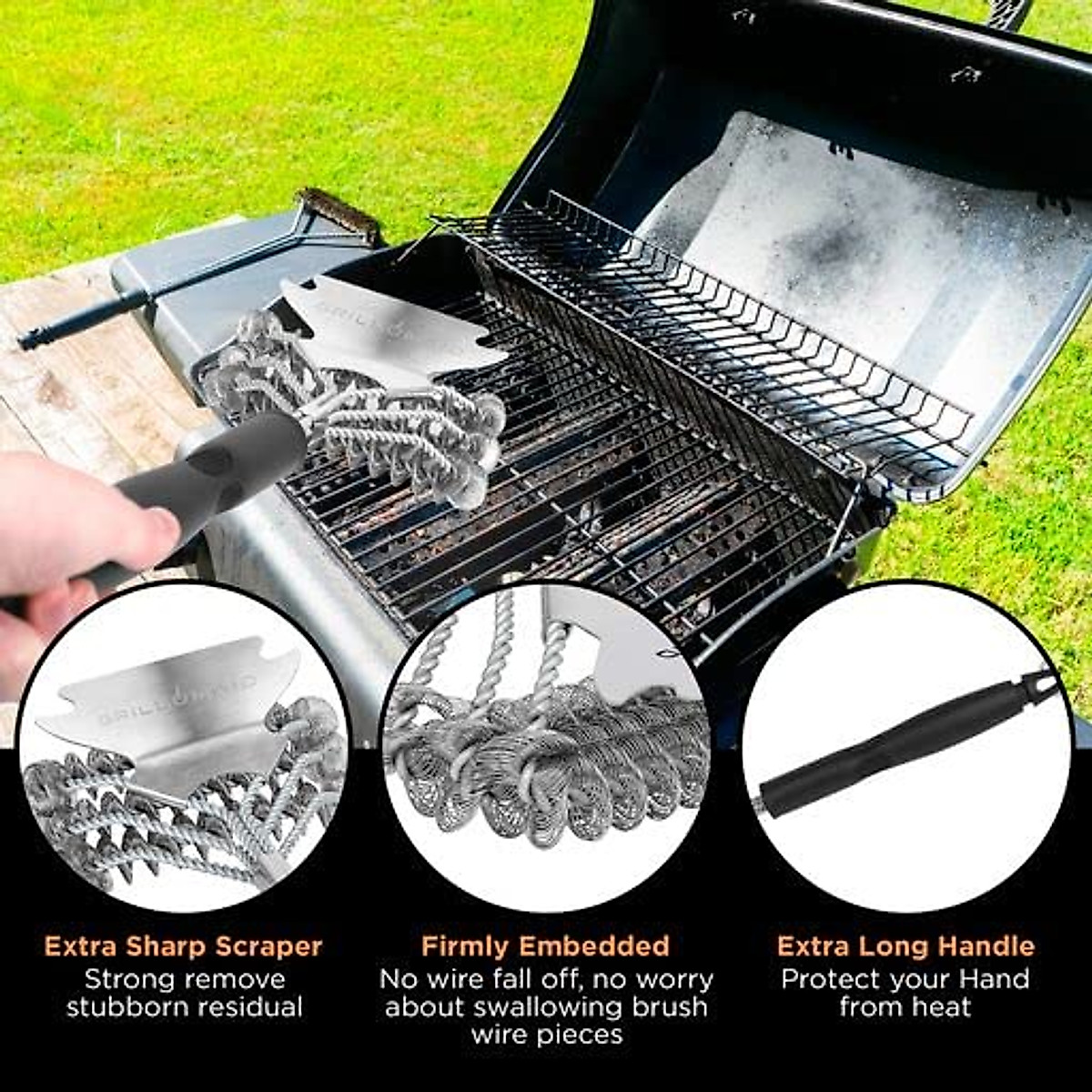 Grill Brush and Scraper Bristle Free – Safe Grill Brush Cleaner – 18” Stainless Grill Grate BBQ Brush W/Extra-Wide Scrubber - Safe Grill Accessories for Porcelain/Weber Gas/Charcoal Grills