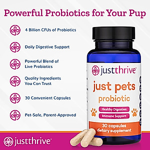 Just Thrive Just Pets Probiotic - Daily Digestive Probiotics for Dogs and Cats - 4 Billion CFUs Pet Probiotic, 30 Capsules