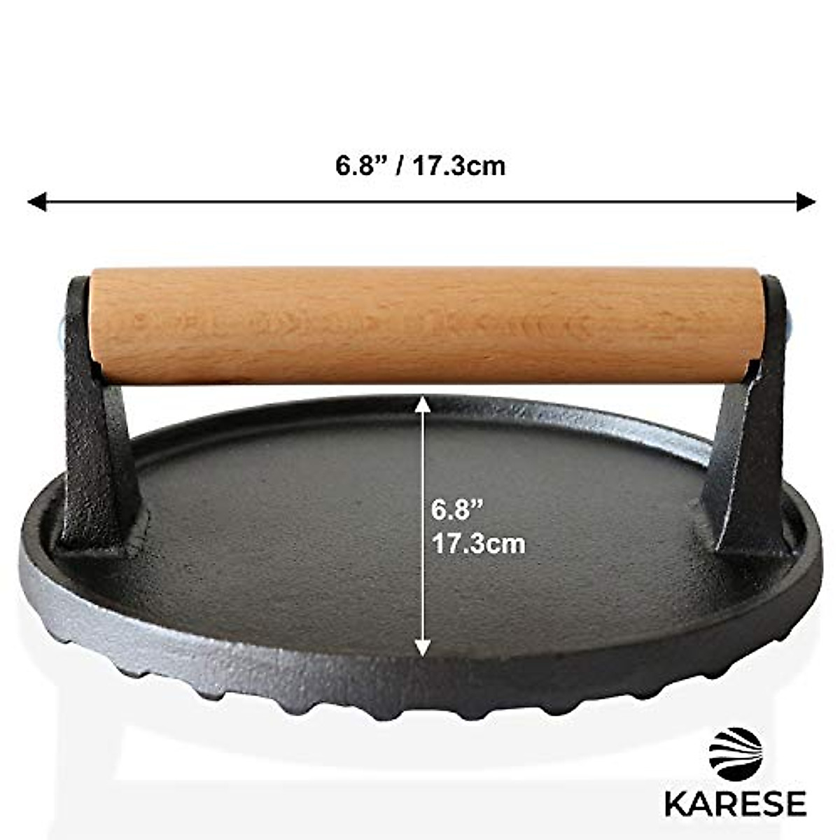 Round Cast Iron Bacon Press 2.4 lbs Weight Comes Complete with Spatula, Grill Press with Beech Wood Handle Ideal for Bacon, Burger, Sandwich and Steak