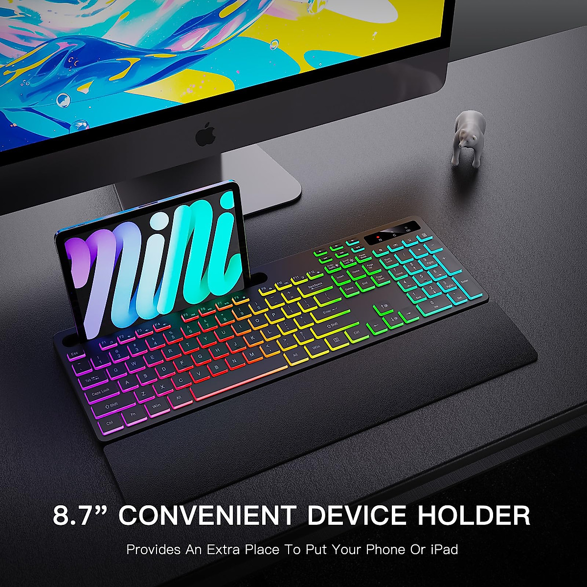 Soueto Wireless Keyboard with 7 Colors & 4 Modes RGB Backlit, Ergonomic Keyboard with Wrist Rest, Phone Tablet Holder, 2.4G Light Up Computer Keyboard with Numeric Keypad for Mac, Windows