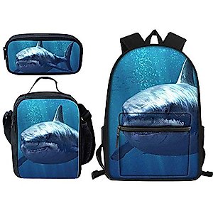 Beauty Collector Designer Shark Backpack Bookbags Set for School Cute Lunch Bag, Pencil Case and Big Backpacks