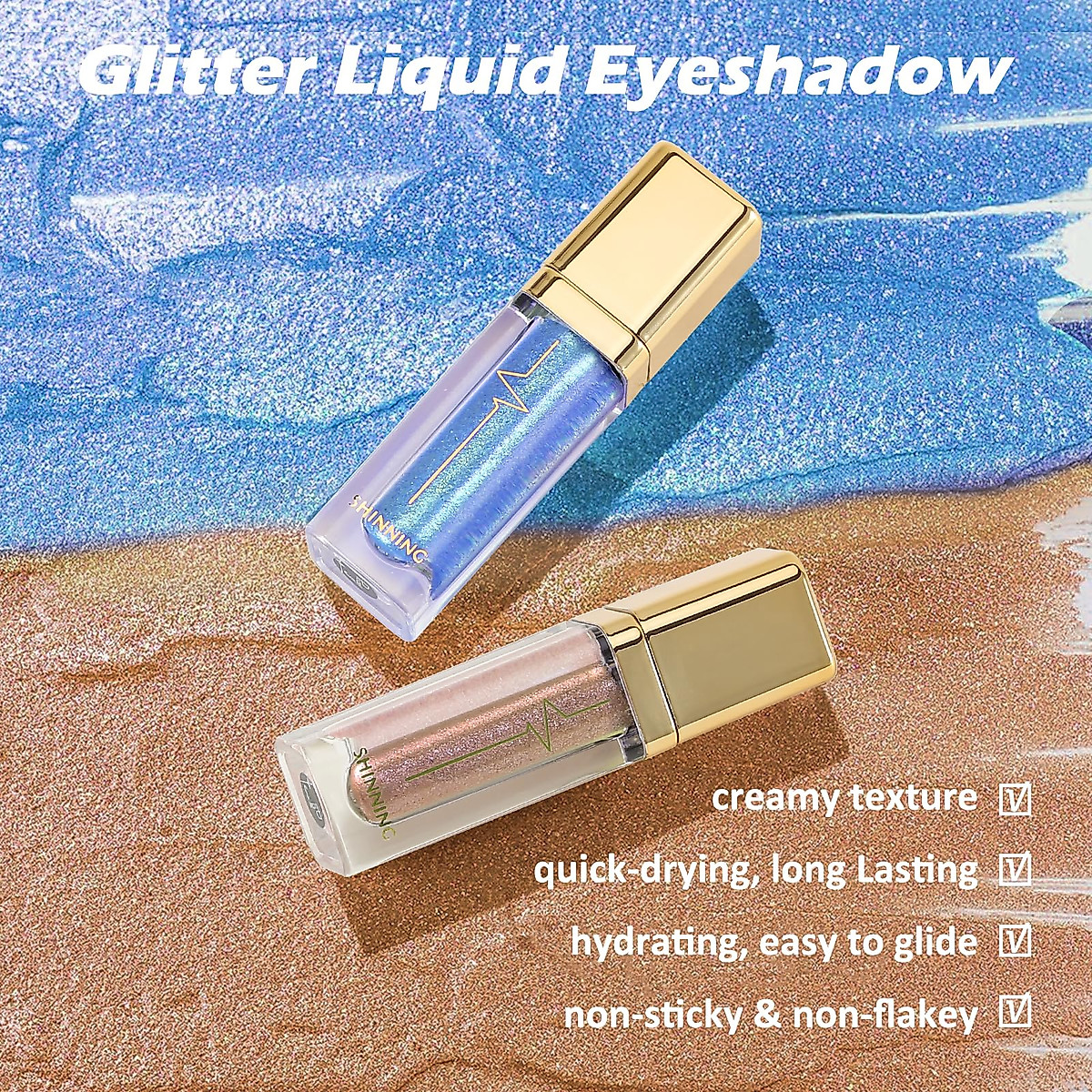 Boobeen Liquid Glitter Eyeshadow, Metallic Shimmer Eye Shadow Pigment Quick-Drying Sparkling Liquid Eye Shadow Makeup, Eyeshadow Shimmer Glitter Highlighter, Long Lasting