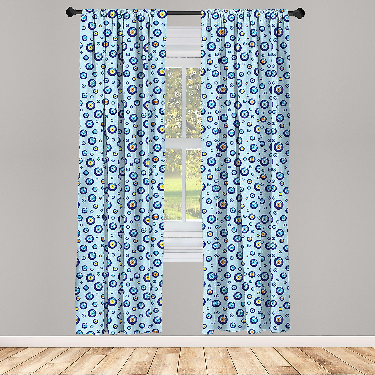 Ambesonne Evil Eye Window Curtains, Traditional Protection on Dotted Backdrop Celebration Theme, Lightweight Decor 2-Panel Set with Rod Pocket, Pair of - 28" x 84", Baby Blue