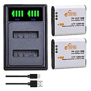Pickle Power 2 Pack LI-92B LI-90B Battery and LED Dual Charger Compatible with Olympus Tough TG-5 TG-6 TG-4 TG-3 TG-2 TG-1 TG-Tracker SH-50 iHS SH-60 XZ-2 iHS SH-1 SH-2 SP-100 (Not for SP-700)