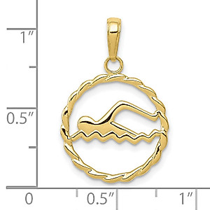Jewelry Stores Network 10k Yellow Gold Swimmer Inside Open Round Textured Pendant 20 mm x 17 mm