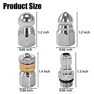 RIDGE WASHER Sewer Jetter Nozzle for Pressure Washer, 3 pcs Drain Cleaning Nozzle Tips Kit for Drain Jetting Hose Stainless Steel, Rotating Button Nose with 1/4'' Quick Connect, 5000 PSI