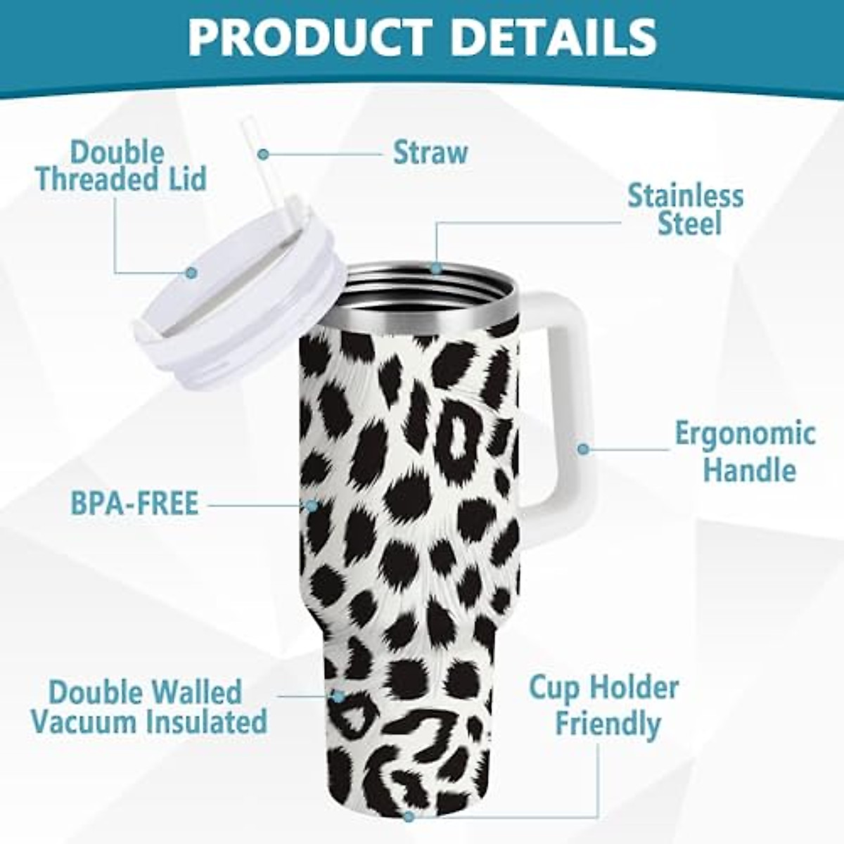 ODAWA 30 Oz Black White Leopard Tumbler Insulated with Handle and Straw, 2 in 1 Lid Insulated Steel Insulated Tumbler