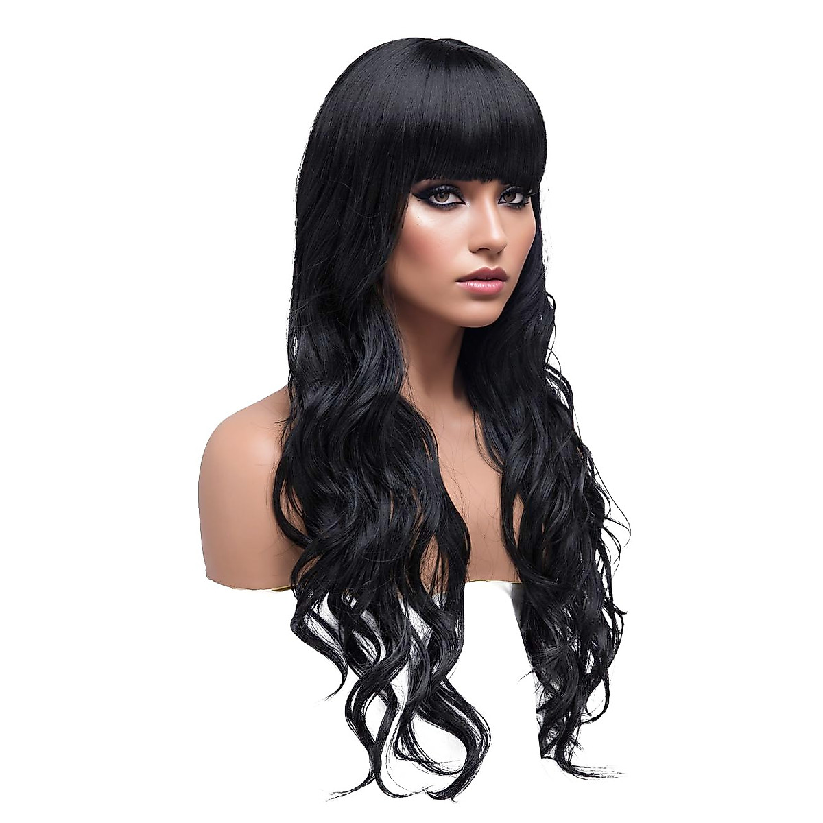 BESTUNG Long Curly Wavy Wigs for Women Ladies Synthetic Full Hair Natural Black Brunette Wig with Straight Bangs for Daily Wear (Straight Bangs, Black)