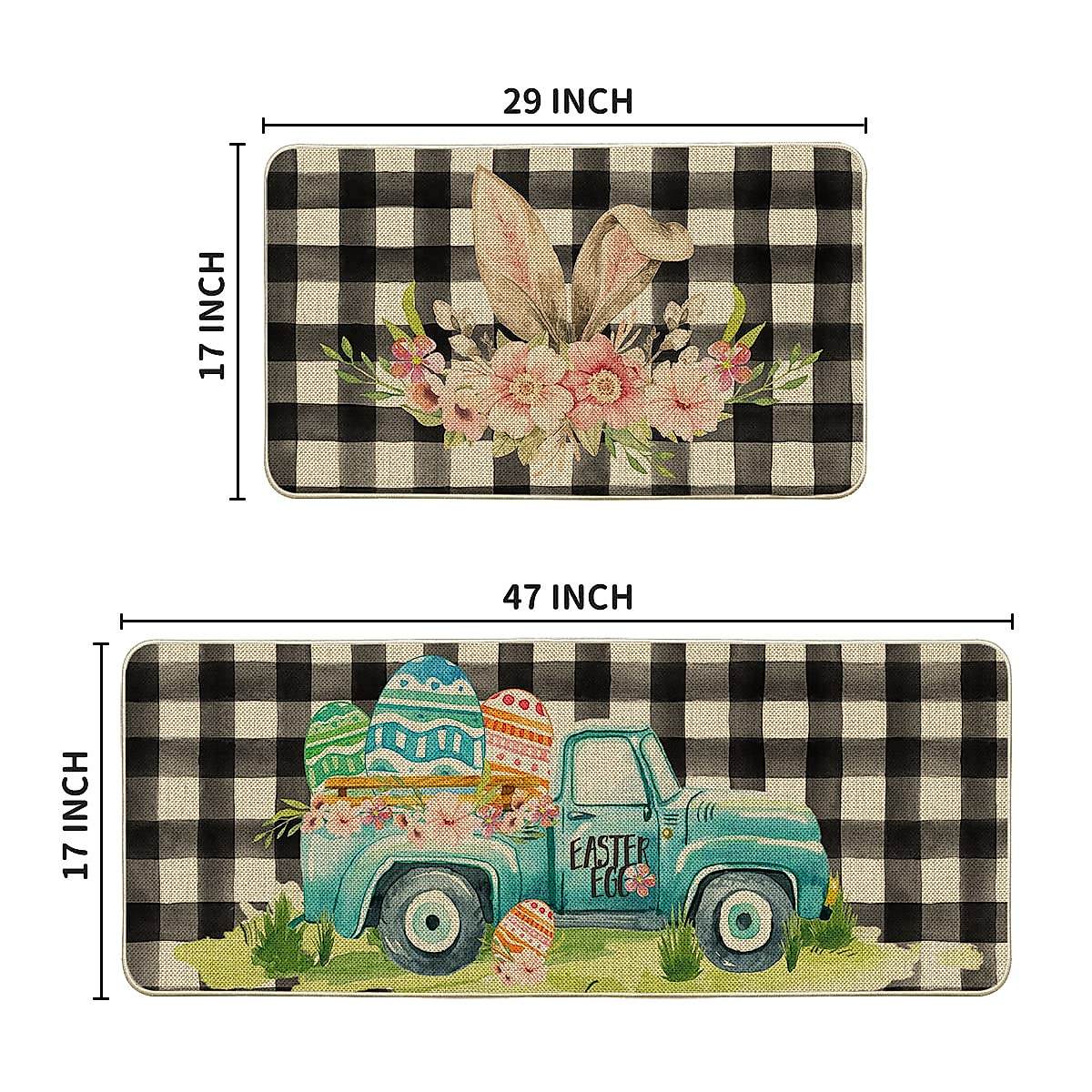Artoid Mode Truck Eggs Bunny Rabbit Ears Easter Kitchen Mats Set of 2, Spring Home Decor Low-Profile Kitchen Rugs for Floor - 17x29 and 17x47 Inch