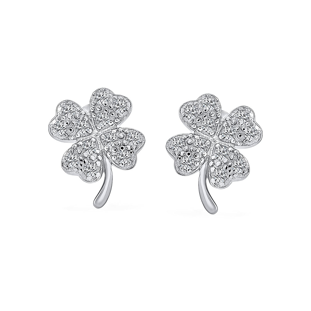 Luck of the Irish Shamrock Lucky Charm Cubic Zirconia Pave CZ Four Leaf Clover Stud Earrings For Women .925 Sterling Silver