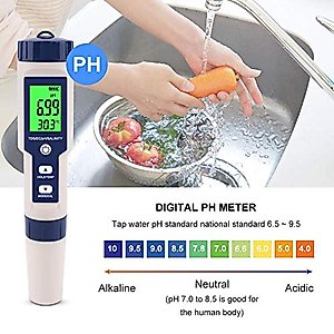 Water Quality Tester, EZ-9909 5 in 1 Function Water Quality Testing Meter PH Salinity TDS EC Tester with Backlight for Aquaculture, Drinking Water, Swimming Pool