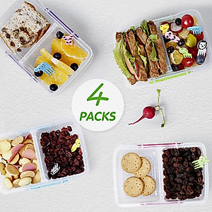 Greentainer 4 Pack Plastic Snack Containers for Kids Bento Boxs with 2 Compartments Travel Snack Container Sandwiches/Fruits/Candies Food Storage Containers BPA Free Dishwasher Safe