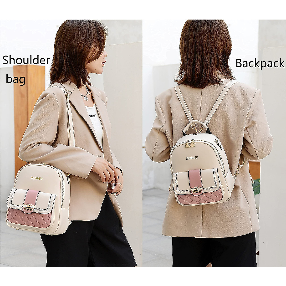 RUISUER Backpack Purse for Teen Girls Mini Backpack for Women Cute PU Leather Bookbag Small Shoulder Bag Handbag White