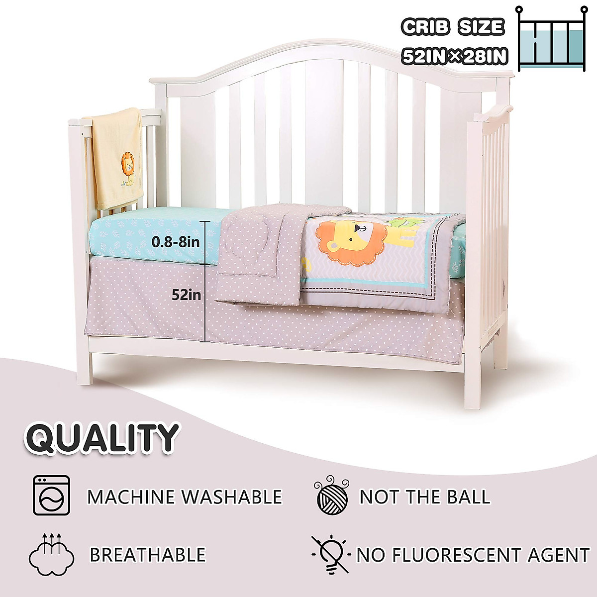 Honkaii 4Pcs Crib Bedding Sets for Boy, Zoo Baby Bedding Sets Neutral with Comforter Fitted Sheet Crib Skirt Blanket, Machine Washable, Suitable for 28 x 52 Inch Cribs,Nursery Bedding Set (Gray)