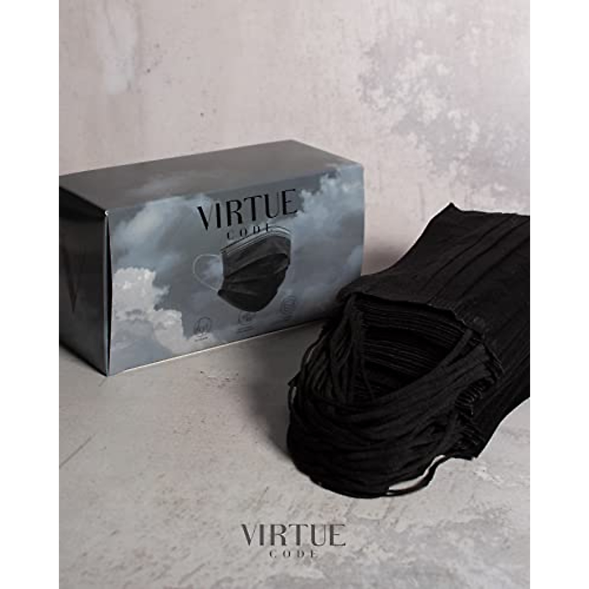 VIRTUE CODE Support Face Masks - Soft 3 Ply Comfort Face Masks, Colorful Disposable Face Mask 50 Pack. Black Colored Masks. Adults Mens and Womens Disposable Face Masks