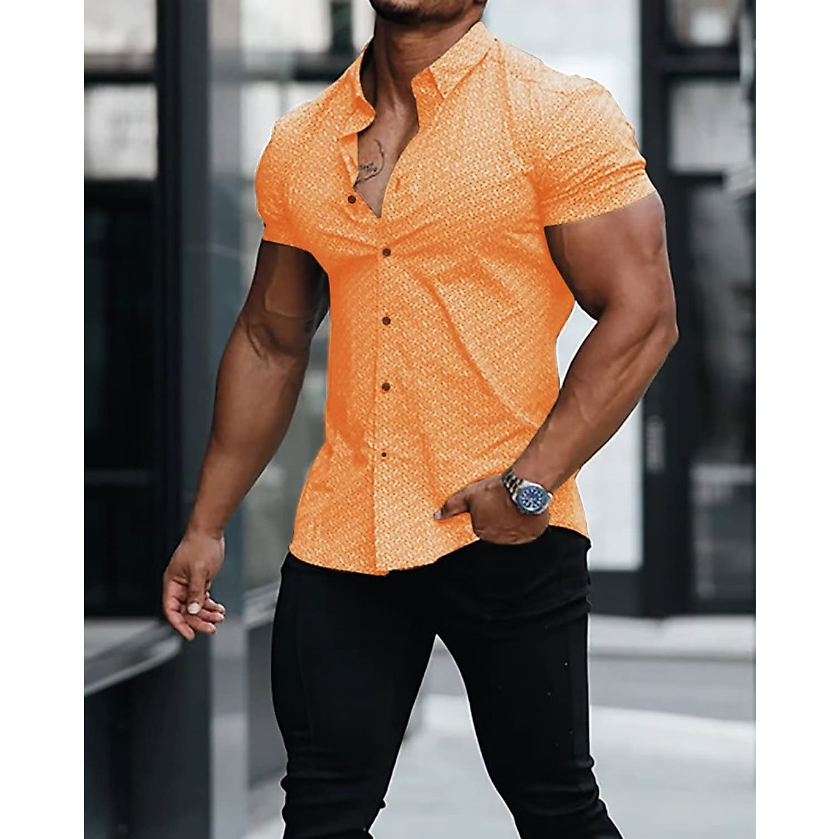 Men's Athletic Dress Shirts Casual Regular Fit Printed Short Sleeve Muscle Button Down Shirts Orange 3XL