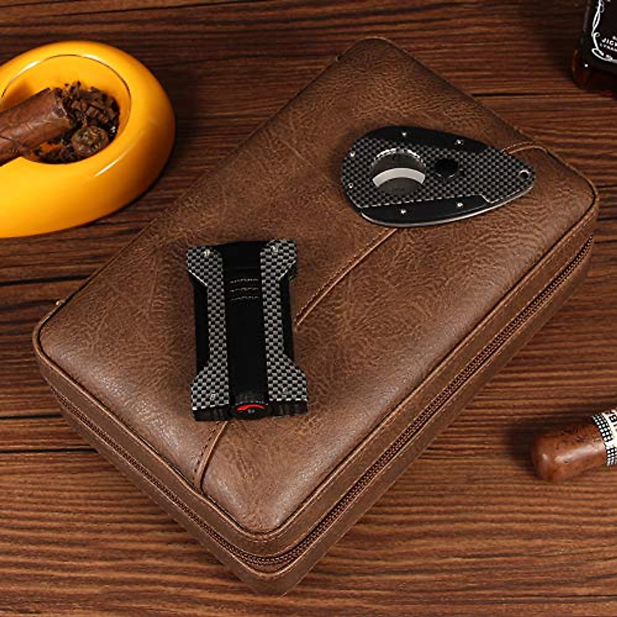 Galiner Travel Cigar Humidor Leather Case with Humidity Packs Bag Portable Cedar Wood Leather Case Holder 4 Cigars, Pockets for Cigars Lighter Cutter, Black Gift Box
