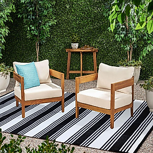 Pcinfuns Plastic Straw Rug,Patio Rugs RV Camping Rug Reversible Mat,6'x9' Reversible Mats Large Floor Mat and Rug for Outdoor,Black & White Thin Stripe