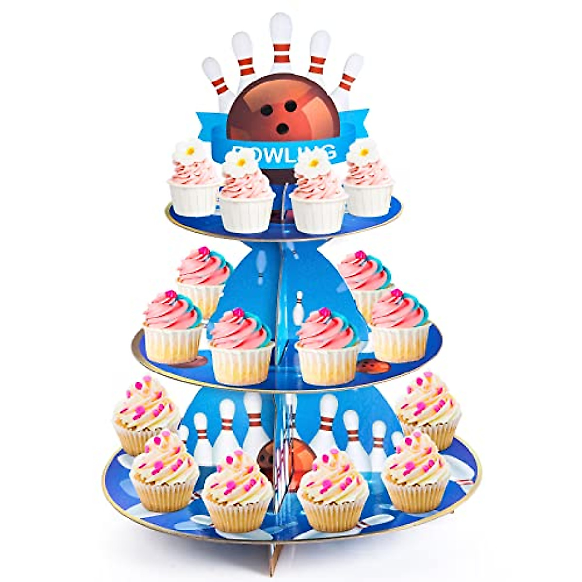 Bowling Party Decorations Cupcake Stand Cardboard 3 Tier Sports Theme Party Cupcake Tower Food Display Dessert Holders Tower Bowling Party Favors for Boy Kids Baby Shower Birthday Party Supplies